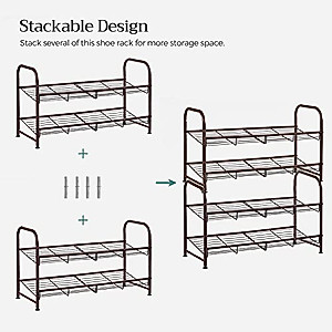 SONGMICS 4-Tier Shoe Rack and 2-Tier Shoe Rack Bundle, Stackable Shoe Rack, Tilting Adjustable Shoe Organizer, for High Heels, Trainers, Entryway, Closets, Bronze ULMR067A01 and ULMR065A01