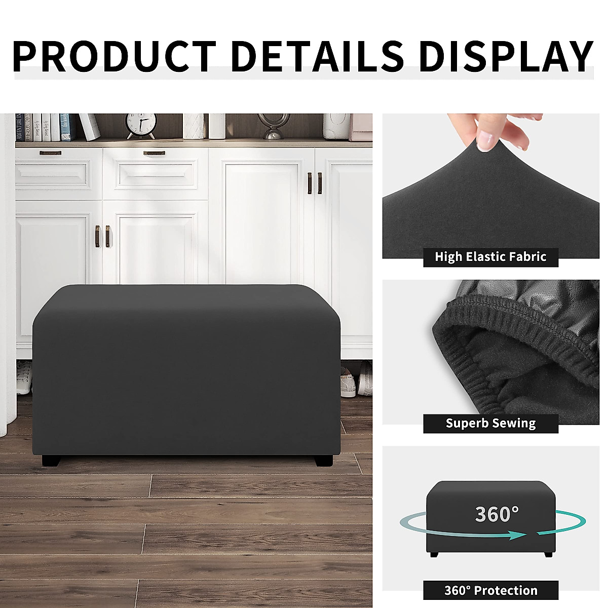 Easy-Going 100% Dual Waterproof Stretch Ottoman Cover Rectangle Folding Storage Stool Furniture Protector Soft Slipcover for Living Room with Elastic Bottom (Large, Dark Gray)