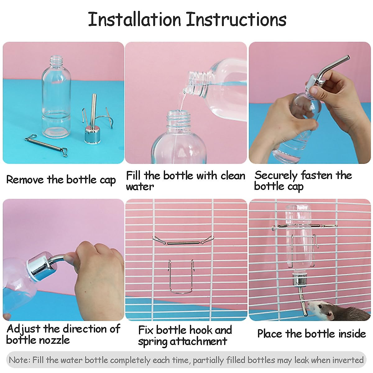 MANON ROSA Hamster Water Bottle -Leakproof Hanging Dispenser for Small Pet Cages: Hedgehogs Guinea Pigs Sugar Gliders Squirrels Syrian Dwarf Gerbils Mice Rats Degus Rodents (Small(180ml))