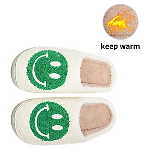 Retro Fuzzy Face Slippers Women Men Non-Slip Couple Style Casual Smiley Face Slippers Retro Soft Fluffy Warm Home Lightweight Slip-on Cute Cozy Indoor Outdoor Memory Foam Face Slippers (Green, 7.5)