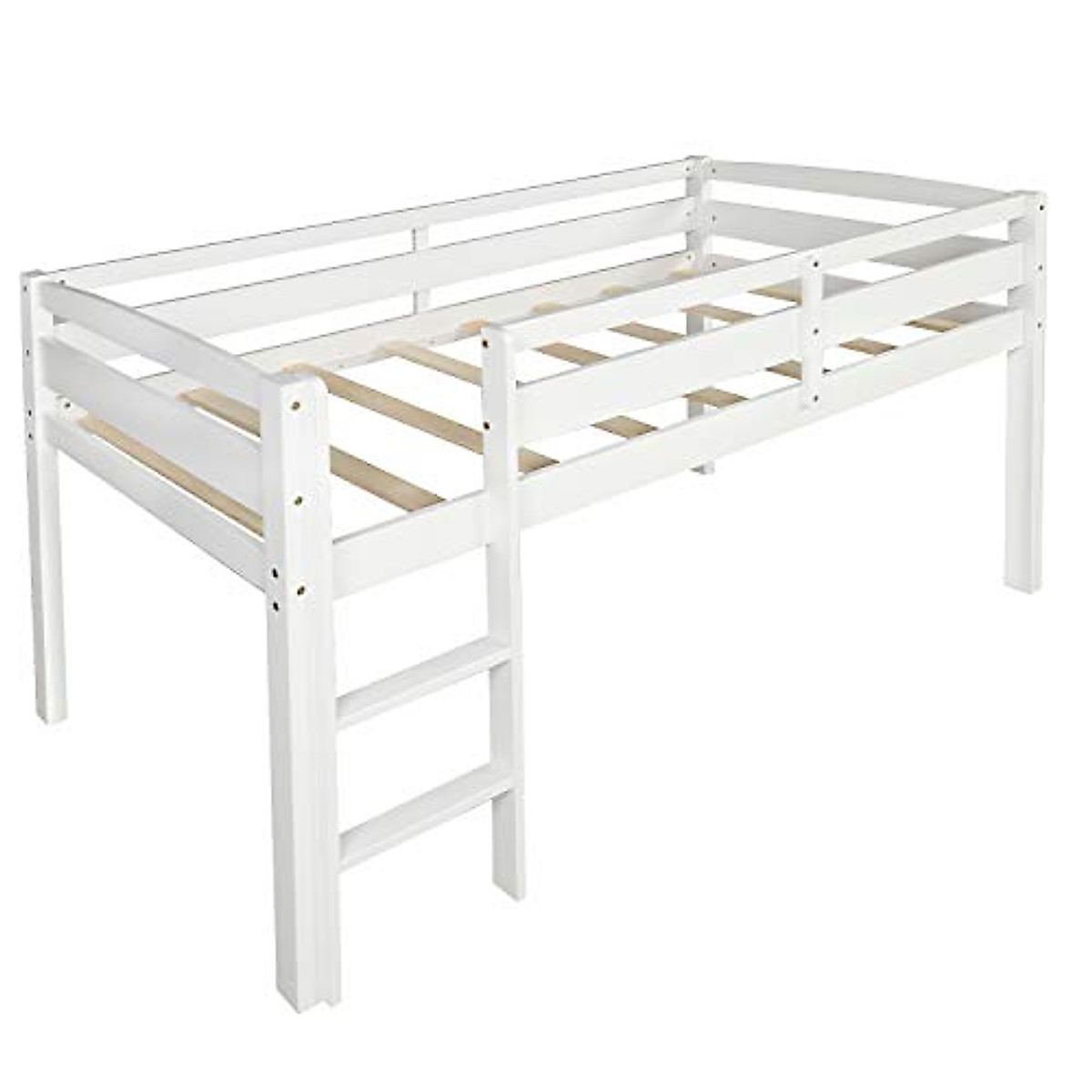 Merax LUMISOL Junior's Low Loft Bed for Kids, Twin Loft Bed with Guard Raill and Built-in Ladder, Bed Bedroom Furniture (White)