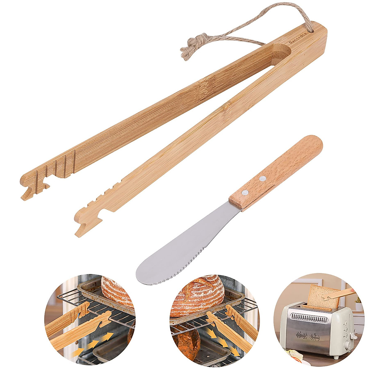 Recsrdce （11 inches Oven Rack Puller， bamboo cooking tongs, Salad pliers，toaster tongs）and（8inches Cream spatula,mini serrated knif,Wooden handle/Stainless steel spatula blade ）