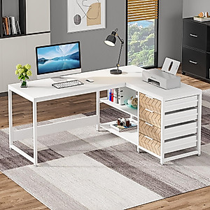 Tribesigns L Shaped Computer Desk with Storage Drawers, 59 inch Corner Desk with Shelves, Reversible L-Shaped Office Desk Study Writing Table Workstation for Home Office, White