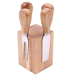 olelo 4 Pieces Cheese Knives Set Includes 4 Stainless Steel Cheese Slicer Cheese Cutter with Wooden Handle & 1 Wooden Magnetic Block Stand…