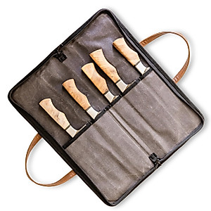 Knife Bag - Durable Waxed Canvas Chef Bag with zipper pocket & 5 slots for knives and kitchen tools, Knife roll for Knives & Kitchen Tools - Knife case for travel