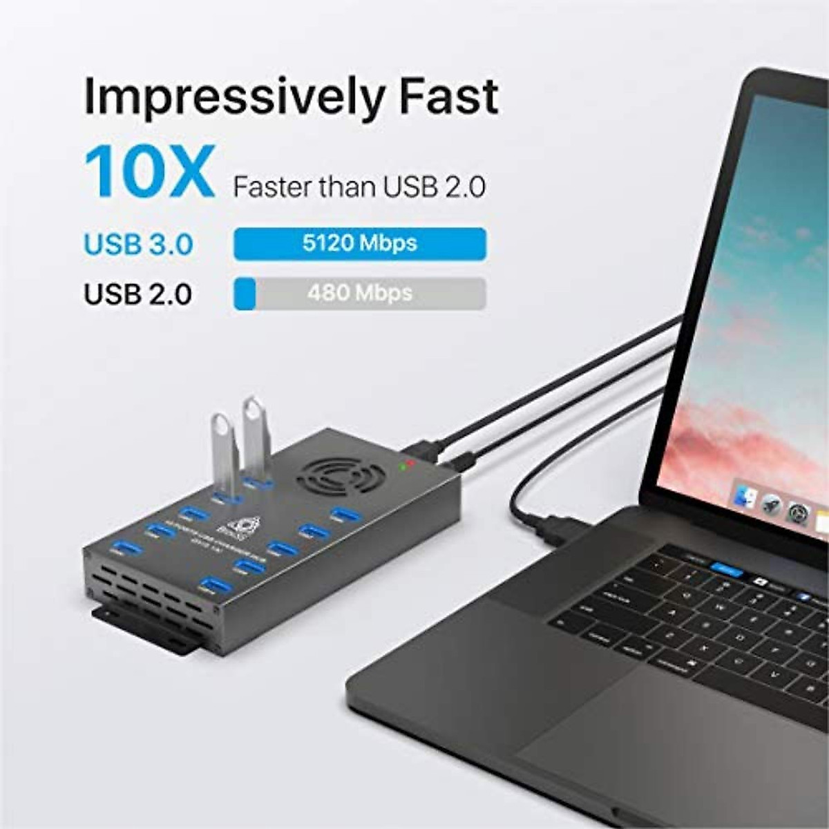 BrovSS: 10 Port USB 3.0 Hub - USB Hub Charger - Powered USB Hub - USB Charging Splitter - Multiple USB Port Hub - Charging Hub with 5V 10A 120W Power Adapter, Cooling Fan, Mounting Brackets (Black)