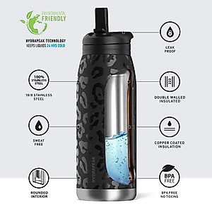 Hydrapeak Artisan 32oz Insulated Water Bottles with Straw Lids | Leak-Proof and Vacuum Insulated, Double Walled Stainless Steel Water Bottles Featuring Chic and Stylish Designs (Black Leopard)