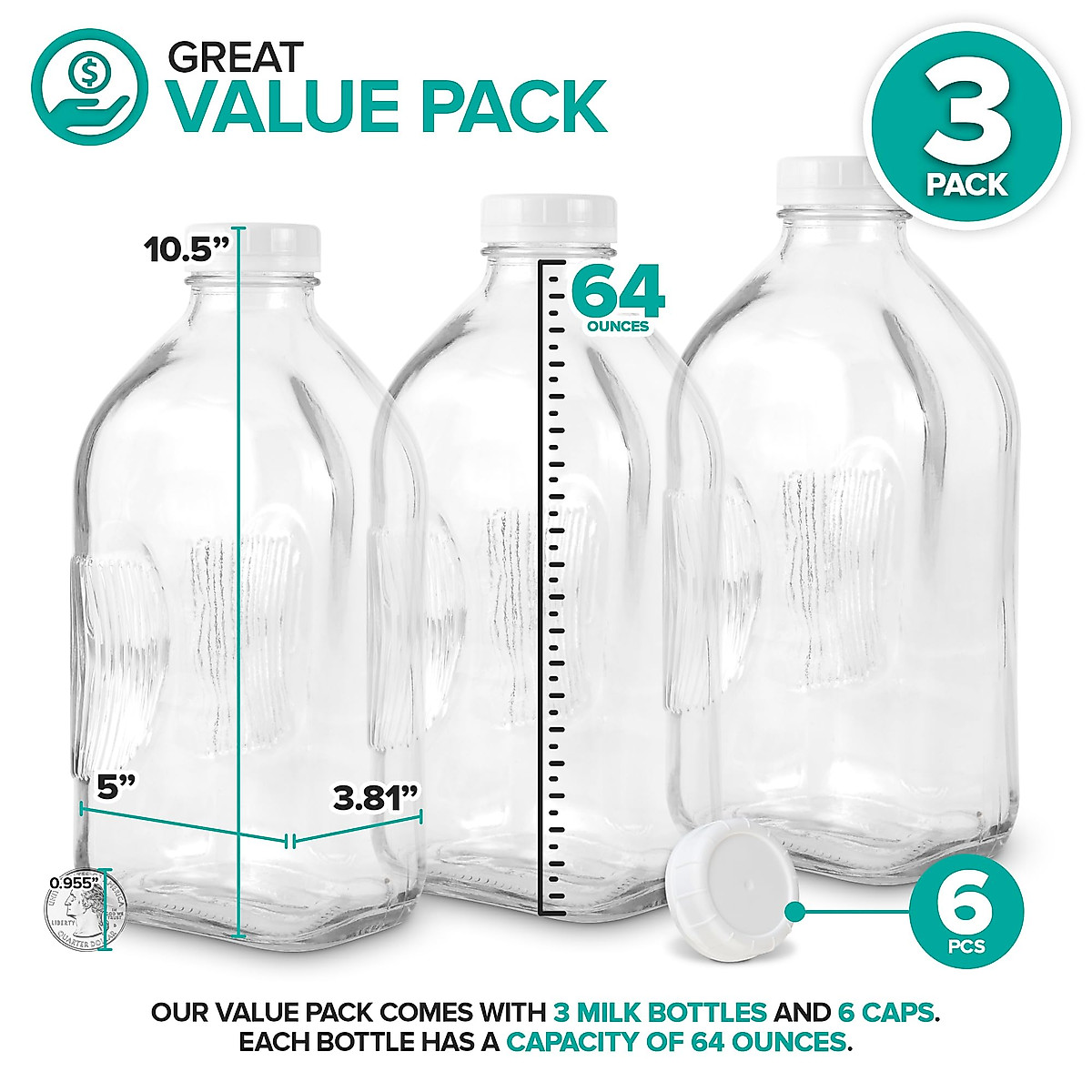 Stock Your Home Half Gallon Glass Milk Bottle with Lid (3 Pack) 64 Oz Jugs and 6 White Caps, Reusable Food Grade Milk Container for Refrigerator, Bottles for Juice, Oat or Plant Milks, Water, Honey