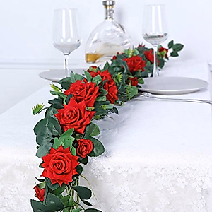 Hobyhoon Artificial Rose Vines Flowers Garland 5.6ft Silk Velvet Rose Vines Fake Hanging Rose Ivy Plant for Wedding Party Home Wall Garden Decorations (Red-3pcs)