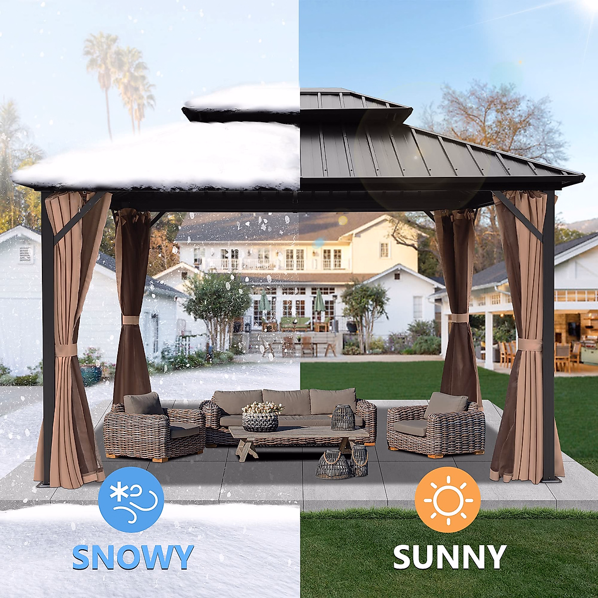 QZEN 10' x 12' Hardtop Gazebo with Netting and Curtains, Double Roof Permanent Metal Gazebo, Aluminum Frame Patio Gazebo for Backyard, Garden, Lawn and Deck