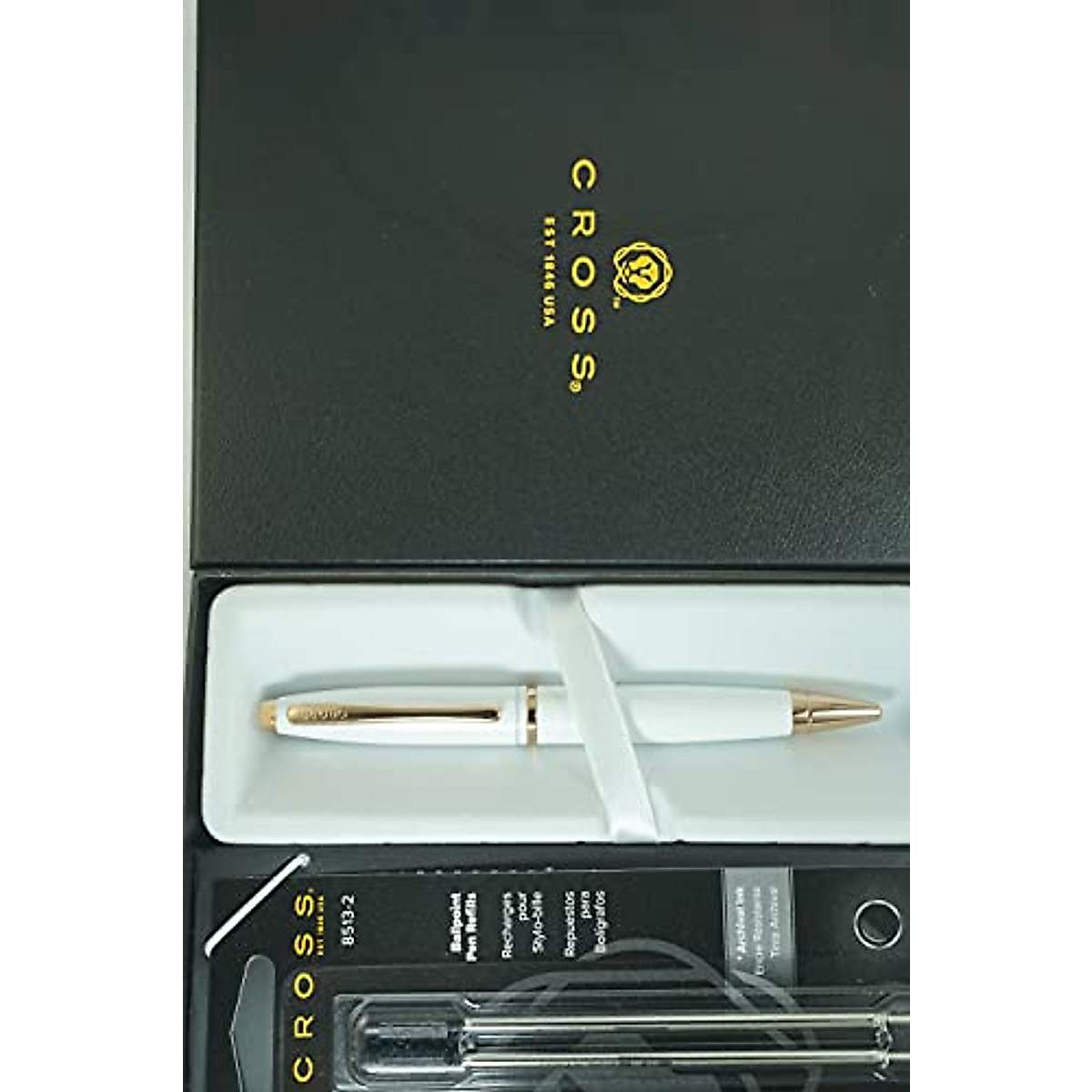 A.T. Cross Pearlescent Lightening White Medalist and 23KT Rose Gold Appointments and Cross signature mid Band Calaise Ballpoint Pen and two Bonus refills A Gift Pen for Anyone and Any Occasion