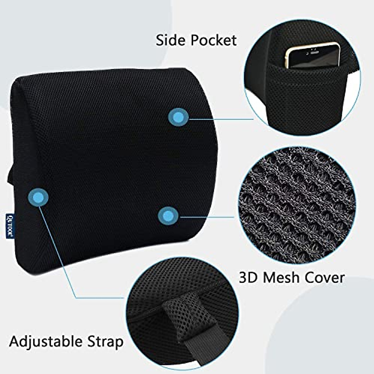 Seat Cushion & Lumbar Support Pillow for Office Chair, Car, Wheelchair Memory Foam Desk Chair Cushion for Sciatica, Lower Back & Tailbone Pain Relief Desk Pad with Adjustable Strap 3D Washable Cover