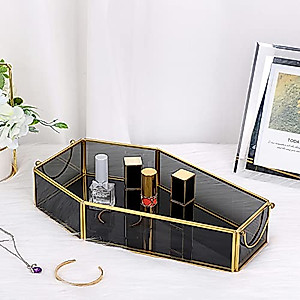 ELLDOO Gold Black Glass Coffin Tray, Gothic Home Decor Jewelry Tray, Coffin Shape Serving Tray, Spooky Decorative Tray Candle Tray with Handle for Halloween