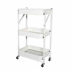 Ruishetop Foldable 3-Tier Metal Utility Rolling Cart with Wheels, Easy Assembly Folding Mobile Multi-Function Storage Organizer Cart for Home Office Kitchen Outdoor (White)