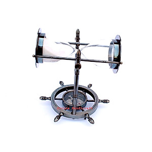 Nautical Maritime Black Antique Full Brass Sand Timer Hourglass with Wheel Compass Base
