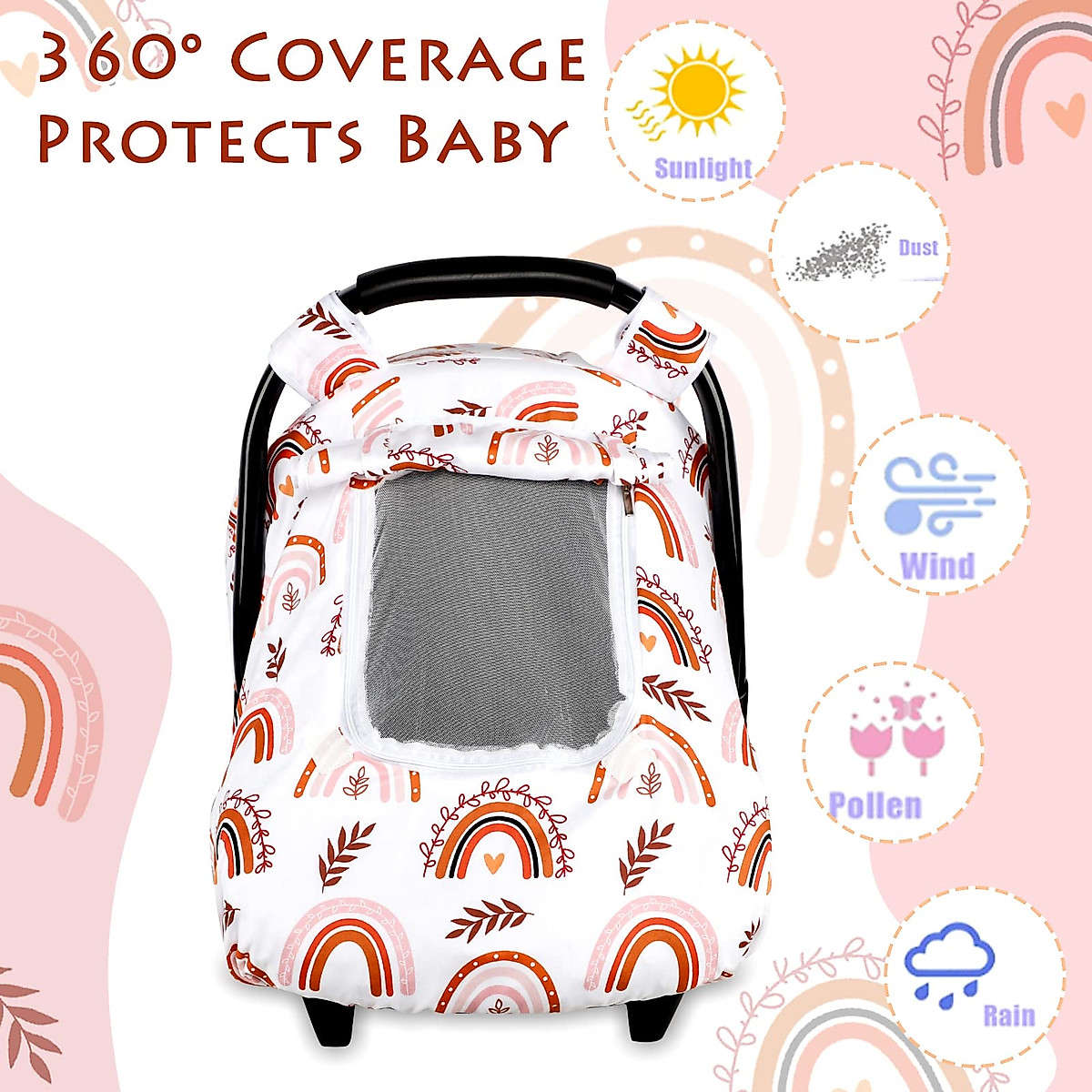 Infant Car Seat Covers and Baby Car Seat Head Support Strap Cover Set for Newborns Ultra Soft Comfortable Minky Dot Fabric Unique Rainbow Pattern