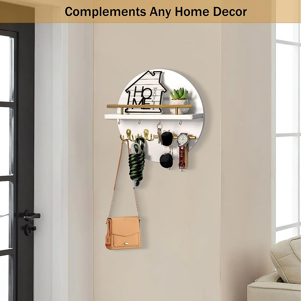 Key Holder for Wall Decorative with Shelf and Hooks, Mail Organizer Wall Mount with Sunglasses Holder, Circular Design Entryway Key Rack Hanger, Rustic Home Decor Boho Wall Decor (White)