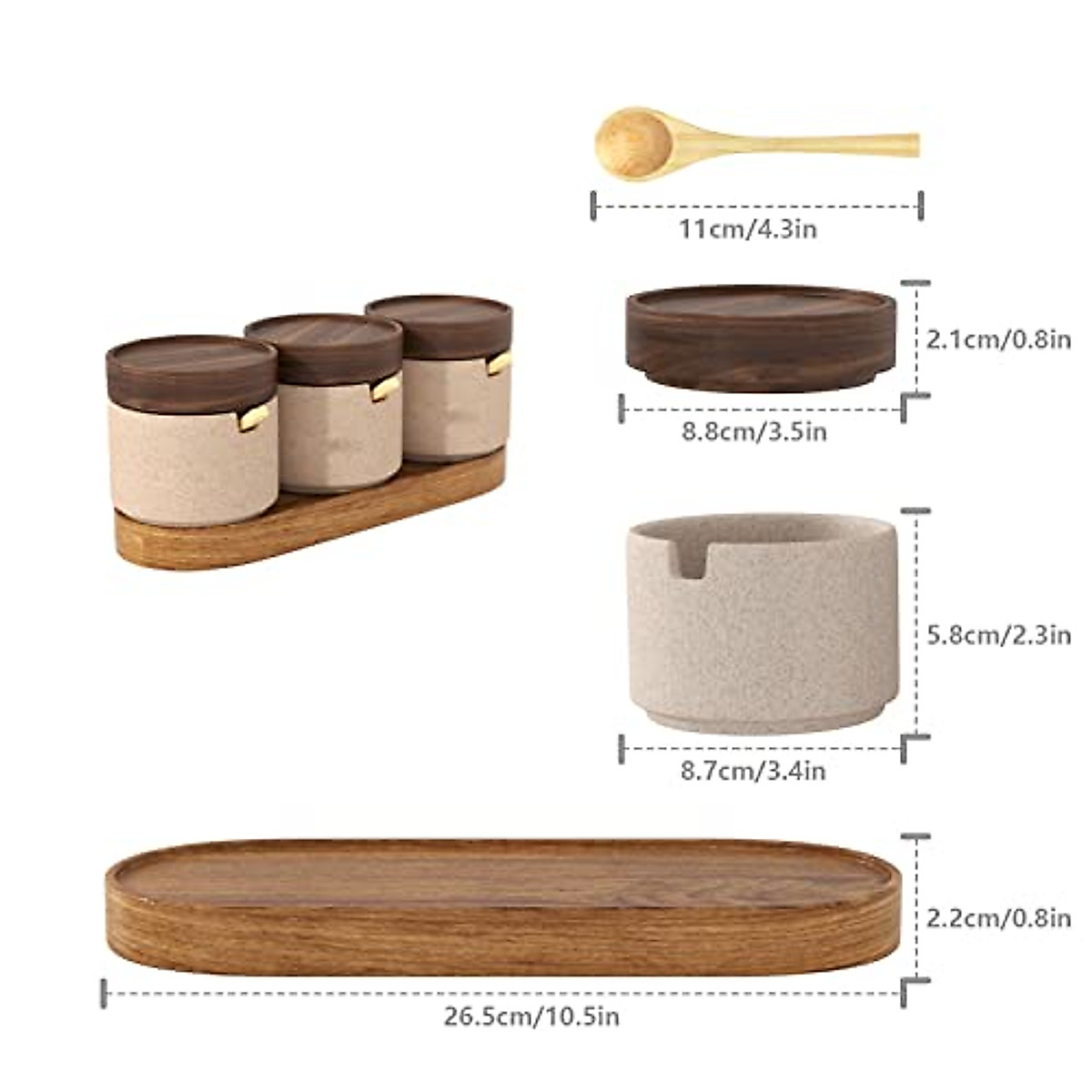 ISABETTA 3 Pcs Sugar Bowls Ceramic Condiment Pots，Ceramic spice jar，Ceramic Seasoning Jar with Wooden Lid Spoon and Tray for Home and Kitchen