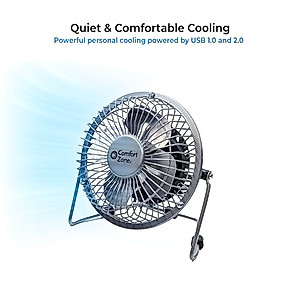 Comfort Zone Mini Portable Desk Fan with 360-Degree Adjustable Tilt, Dual Powered (USB or Power Cord), 4 inch, All-Metal Construction, Airflow 3.31 ft/sec, Ideal for Home, Bedroom & Office, CZHV4S