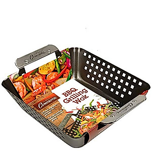 Barbecue Grilling Wok - Heavy Duty Non-Stick BBQ Grill Basket w Stainless Steel Handles - 3" Deep Pan Keeps Meat & Vegetables Inside - Indoor Outdoor Use - Great for Summer BBQs and Father's Day Gift
