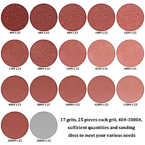 425 Pieces 2 Inch Sanding Discs Grinding Abrasive Sandpaper Sander Sheets with 1 Pieces 1/4 Inch Round Shank Backing Pad 2 Pieces Soft Foam Buffering Pads Assorted Grit, 40-3000 Grit