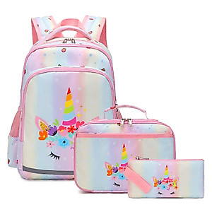 JSQDAGZH Unicorn Backpack and Lunch Box for Girls, Unicorn Backpack for Girls Kids School Bags Backpack with Lunch Box and Pencil Case (Unicorn)