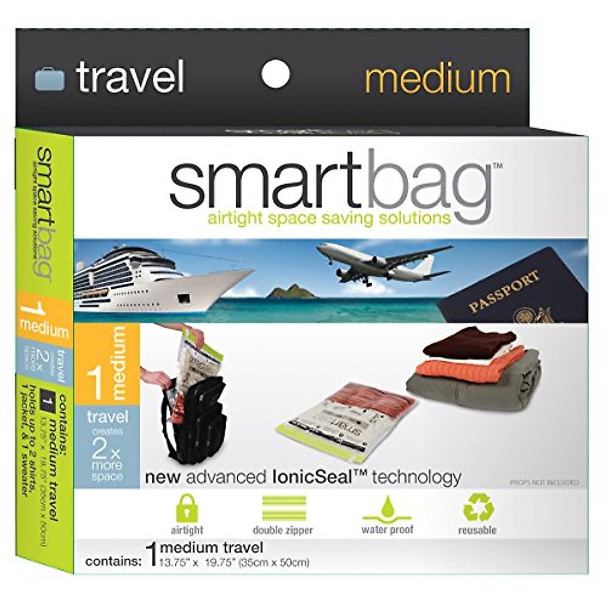Smart Design Travel SmartBag Instant Space Saver Storage - Medium - Airtight Double Zipper - Vacuum Seal - for Clothing, Pillows, Blankets, and More - Home Organization