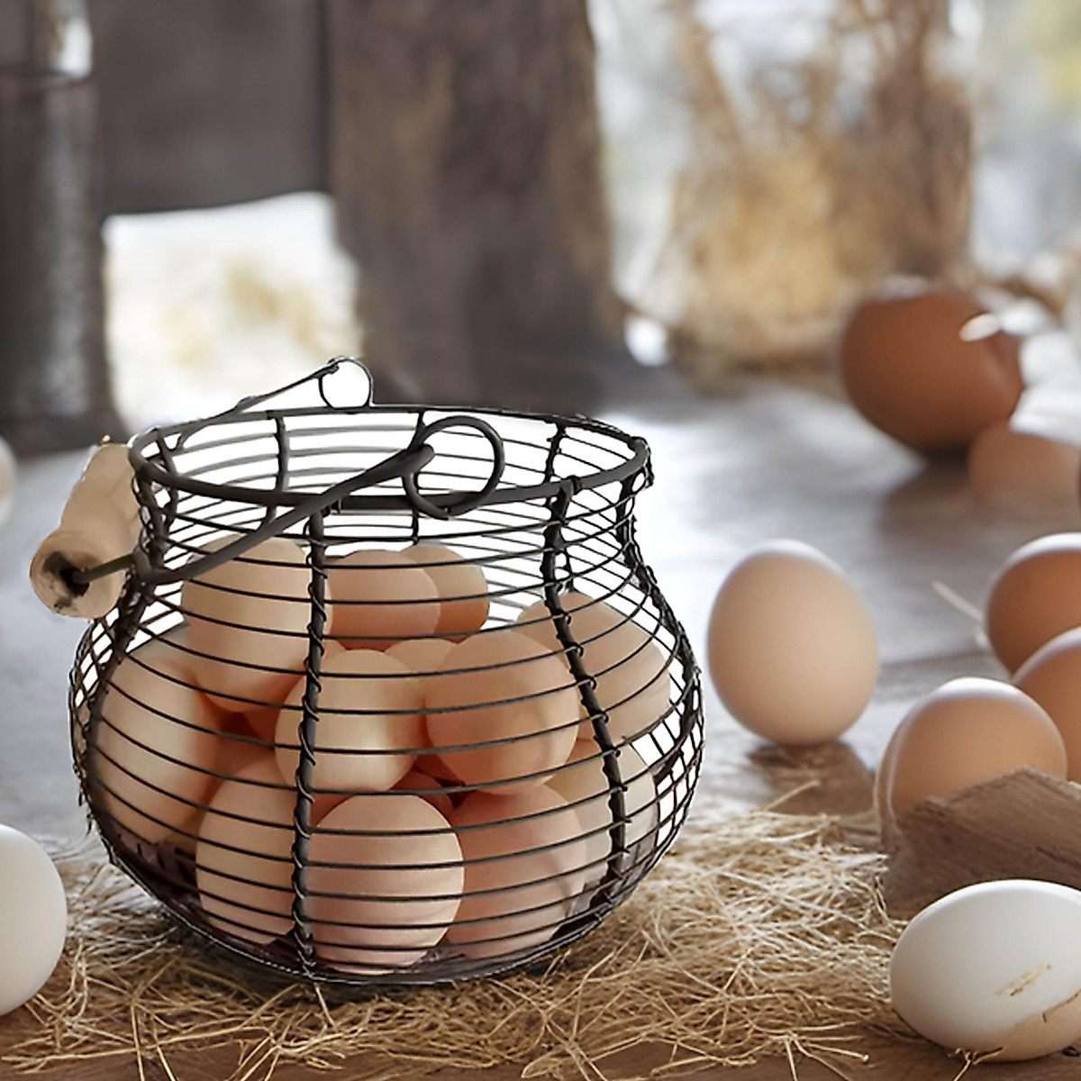 Metal Wire Egg Baskets for Collect Fresh Egg Baskets Countertop Holder, LINCOUNTRY Rustic Round Small Chicken Basket Gathering Fresh Egg With Handle,Country Primitive Farmhouse Vintage Storage Kid