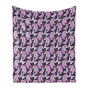 Ambesonne Unicorn Throw Blanket, Mythical Animal with Colorful Mane Butterflies Stars Crescent Moons Fantasy World, Flannel Fleece Accent Piece Soft Couch Cover for Adults, 70" x 90", Multicolor