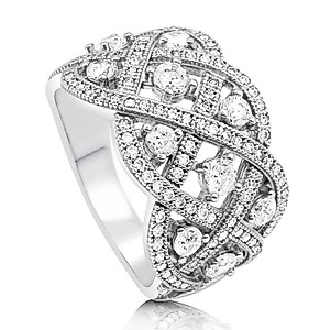 BERRICLE Sterling Silver Woven Cubic Zirconia CZ Statement Art Deco Cocktail Fashion Ring for Women, Rhodium Plated Size 7