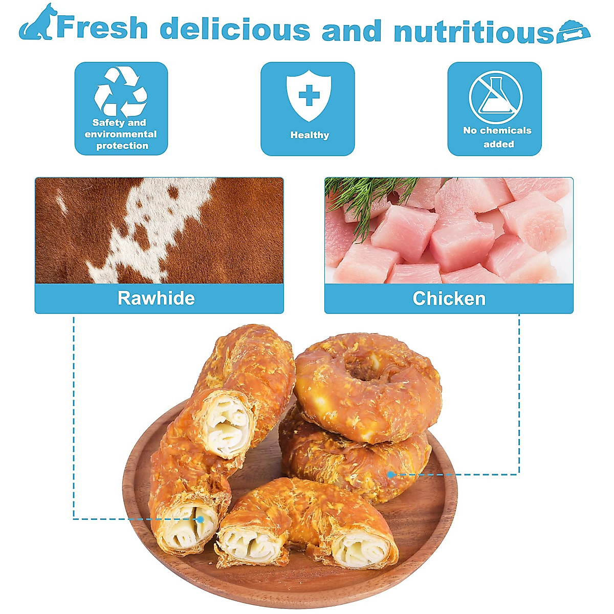 Pawant Dog Treats Long Lasting for Large Dog Clean Teeth Chicken Wrapped Rawhide Donuts 0.5lb/227g