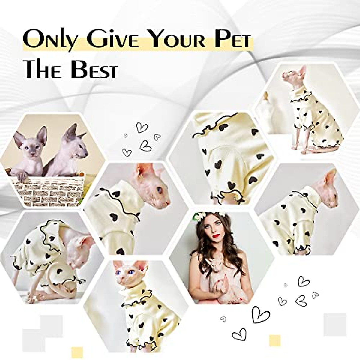 Bonaweite Sphynx Hairless Cats Clothes, Cotton Cute Heart Pattern Sweater T-Shirts with High Collar, Soft Breathable Puff Sleeves Kitten Cat Wear Shirt Apparel for Cornish Rex, Devon Rex, Peterbald