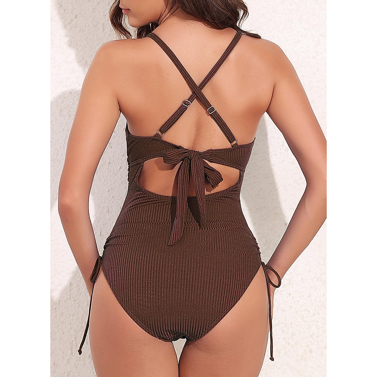 ERASHE Women's Ribbed One Piece Swimsuit Tummy Control High Cut Bathing Suit Sexy V Neck Criss Cross Fashion Monokini (as1, Alpha, l, Regular, Regular, Brown)