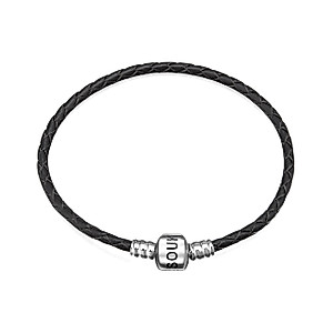 SOUKISS Genuine Black Leather Woven Bracelet with 925 Sterling Silver Barrel Snap Clasp Bead Bracelet for Charms (21 cm-8.3 inches)