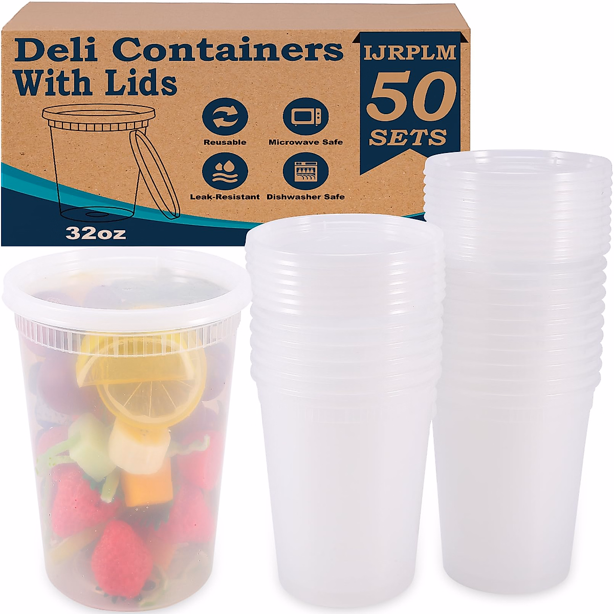 IJRPLM 50 Pack Deli Containers with Lids,32oz Plastic Deli Food Storage Containers, Leakproof Clear Takeout Container With Airtight Lids, BPA-Free, Microwave Dishwasher Freezer Safe,Heavy-Duty Quality