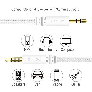 BESTGOT Audio Cable with Microphone Volume Control Aux Cord 3.5mm (4.3ft / 1.3m) for PS4 Controller, Headphones, Tablet PC, Computer, Laptop,Car,Mobile Phone and More (1 Pack White)