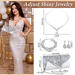 Tiamon 4 Pcs Rhinestone Jewelry Sets for Women Formal Prom Jewelry Earrings Necklace Bracelet Silver Clutch Purses Bag for Evening Wedding Party Christmas Jewelry Gift(Classic Style)