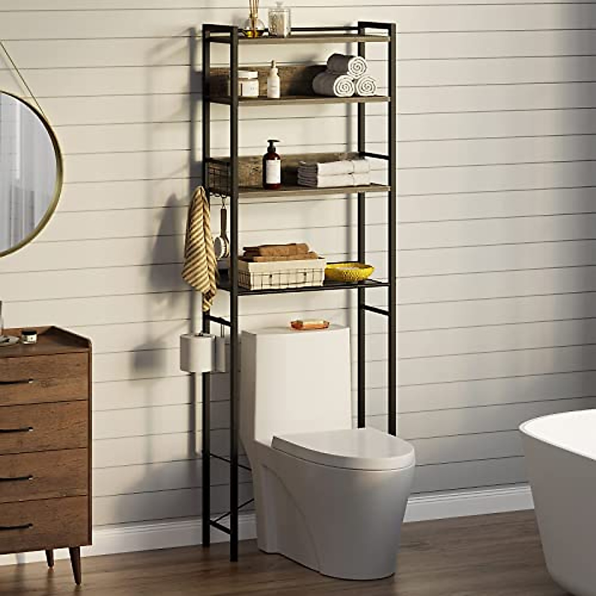 Rolanstar Over The Toilet Storage, 4-Tier Wooden Bathroom Space Saver with Hooks, Freestanding Bathroom Organizer, Multifunctional Over The Toilet Storage Rack, Bathroom Toilet Rack, Gray