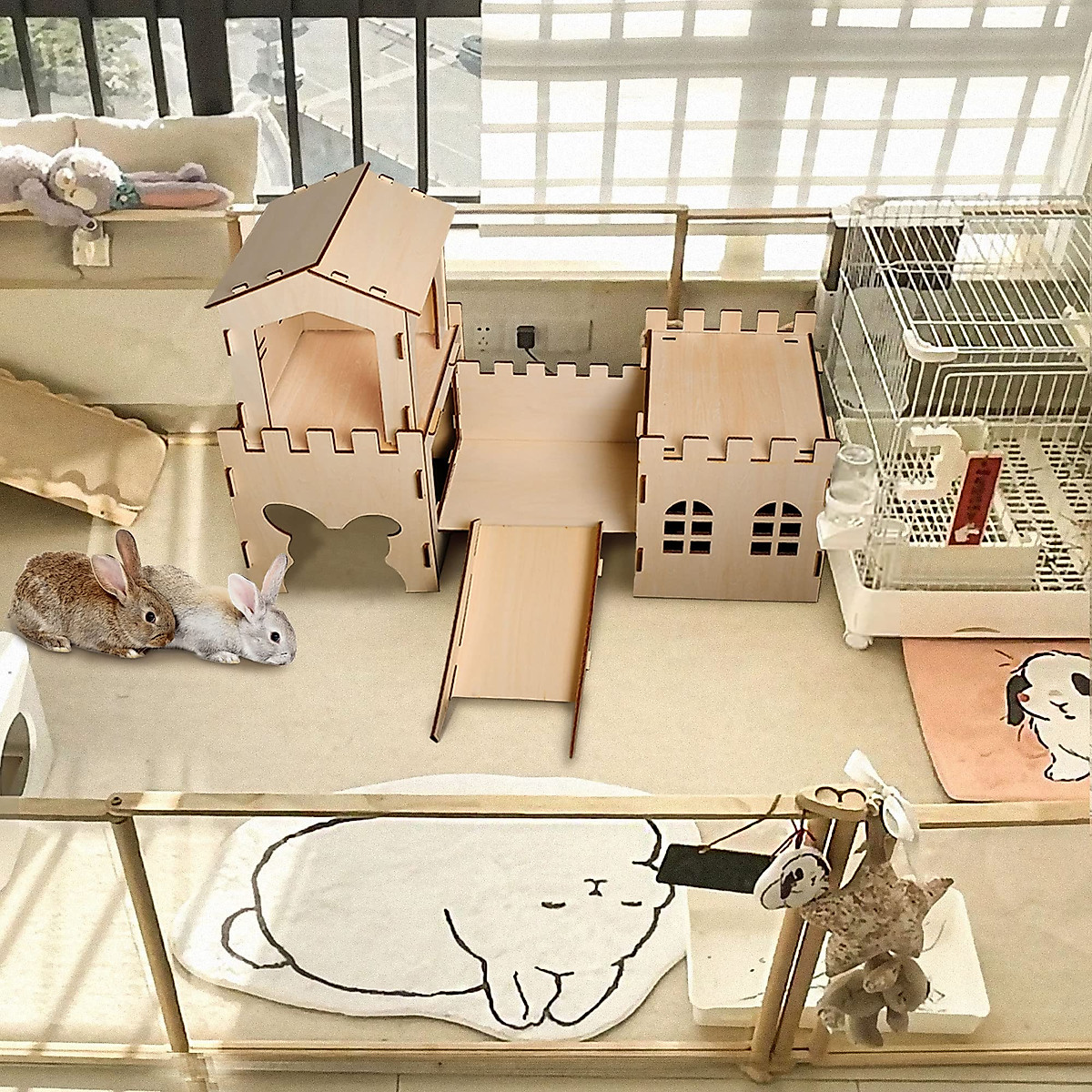 Extra Large Rabbit Castle Hideout Bunny House, Wooden Bunny Hideout for Indoor Rabbit Play Houses and Hideouts Nut Castle