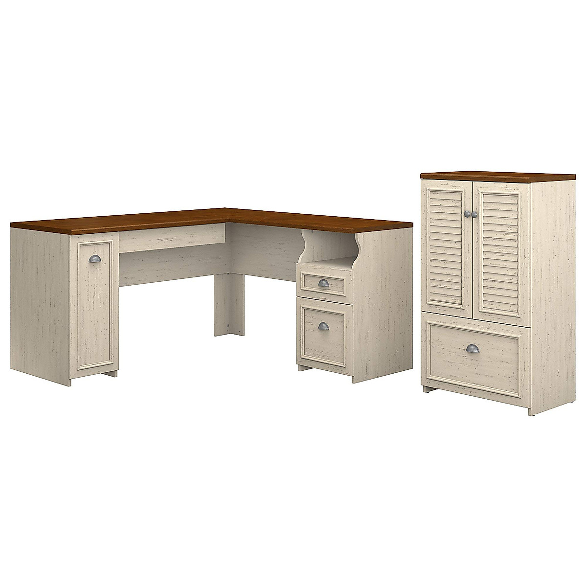 Bush Furniture Fairview 60W L Shaped Desk and Storage Cabinet with Drawer in Antique White and Tea Maple