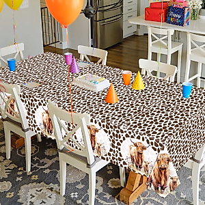 3Pcs Highland Cow Tablecloth Brown Cow Print Table Cover Kids Birthday Party Disposable Rectangle Plastic Waterproof for Baby Shower Decorations 54 x 108 inches