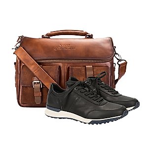 VELEZ 12 Black Mens Business Casual Sneakers + Full Grain Leather Messenger Bag for Men Business Travel Briefcase Computer Laptop Bag