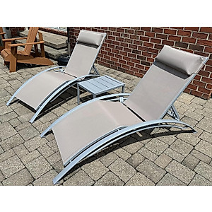 Domi Pool Lounge Chairs Set of 3,Aluminum Adjustable Outdoor Chaise Lounge with Side Table,All Weather Poolside Chairs for Deck Lawn Poolside, Textilene (Khaki)