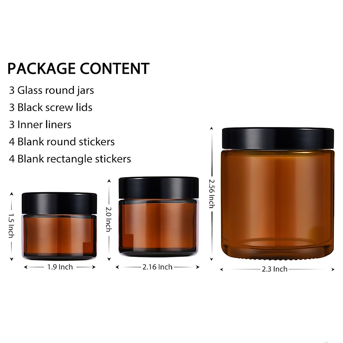 Amber Glass Jar with Lids, Tecohouse 4 oz, 2 oz and 1 oz Glass Jars with Lids & Stickers, Reusable Travel Containers for Creams, Lotion, Cosmetic - 3 pack