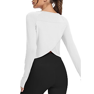 Bestisun Long Sleeve Workout Shirts Yoga Dance Top Split Back Gym Tennis Sports Exercise Training Shirt Women Stretch Fitness Crop Tops White M