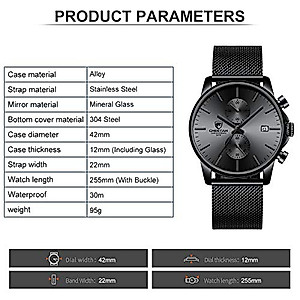 GOLDEN HOUR Men’s Watch Fashion Sport Quartz Analog Mesh Stainless Steel Waterproof Chronograph Watches, Auto Date in Grey Hands, Color: Black