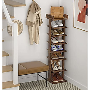 Flydem Vertical shoe rack tower slim entryway stand narrow tall 8 Tiers wooden modern organizer saving space storage (color:Rustic brown)