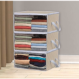 Simple Houseware 3 Pack Foldable Closet Organizer Clothing Storage Box with Clear Window, Beige