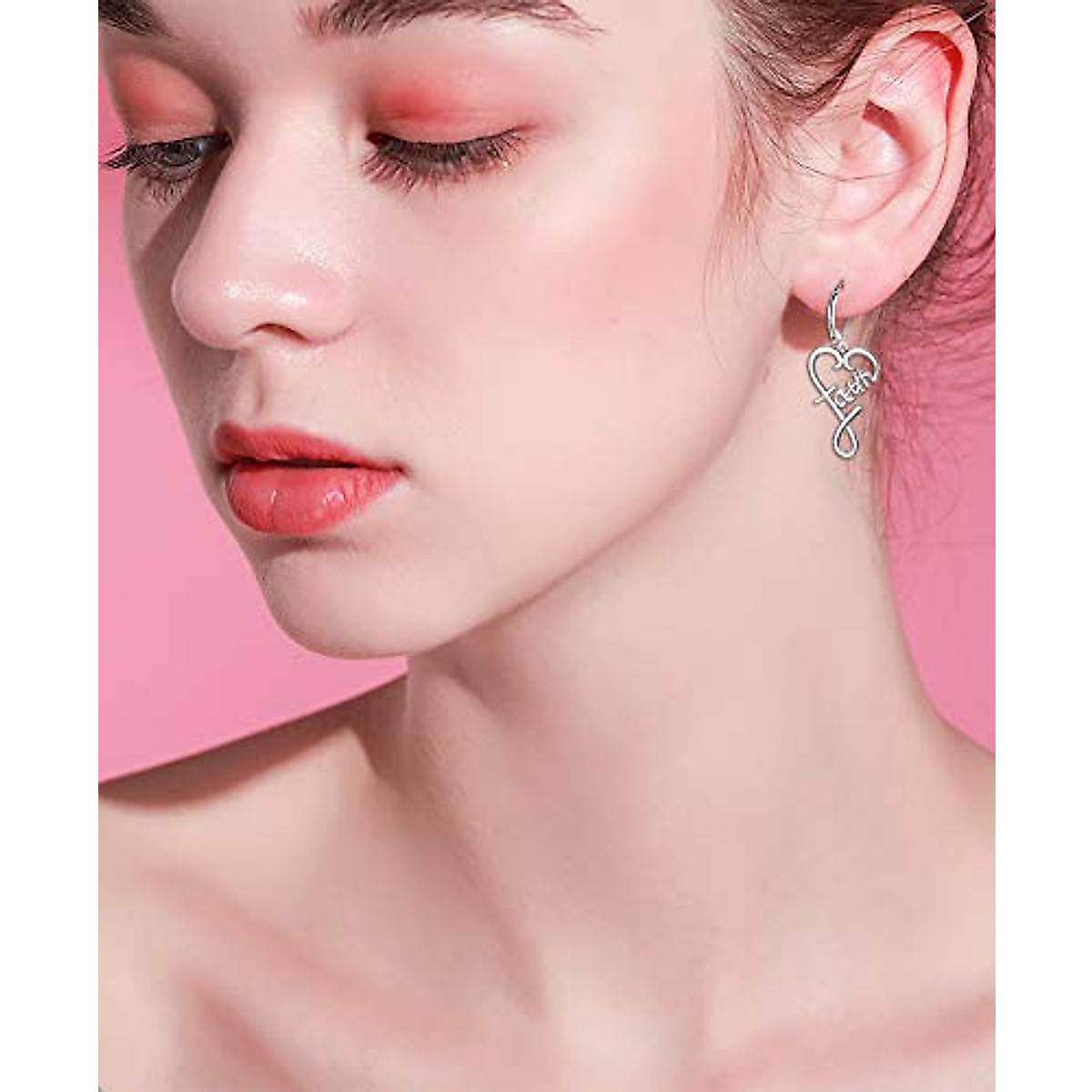 S925 Sterling Silver Word Calligraphy Jewelry Faith Inspirational Message Charm Love Heart Dangle Drop Hoop Earring for Women