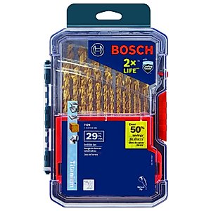 BOSCH TI29 29-Piece Assorted Set Titanium Nitride Coated Metal Drill Bits with Included Case with Three-Flat Shank for Applications in Heavy-Gauge Carbon Steels, Light Gauge Metal, Hardwood
